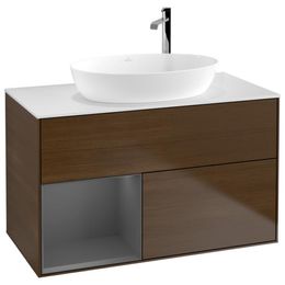 Villeroy & Boch Villeroy und Boch Finion Waschtischunterschrank F891GKGN 100cm, Abdeckplatte white matt, Regale Anthracite matt lacquer, Walnut veneer