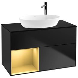 Villeroy & Boch Villeroy und Boch Finion Waschtischunterschrank G892HFPD 100cm, Abdeckplatte black matt, Emotion, Regale Gold matt lacquer, Black matt lacquer