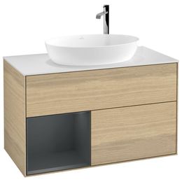 Villeroy & Boch Villeroy und Boch Finion Waschtischunterschrank F891HGPC 100cm, Abdeckplatte white matt, Regale Midnight matt lacquer, Oak Veneer