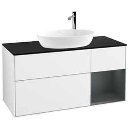 Villeroy & Boch Villeroy und Boch Finion Waschtischunterschrank G952HGGF 120cm, Abdeckplatte black matt, Emotion, Regale Midnight matt lacquer, Glossy white lacquer