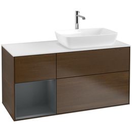 Villeroy & Boch Villeroy und Boch Finion Waschtischunterschrank F801HGGN 120cm, Abdeckplatte white matt, Regale Midnight matt lacquer, Walnut veneer