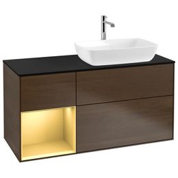 Villeroy & Boch Villeroy und Boch Finion Waschtischunterschrank G802HFGN 120cm, Abdeckplatte black matt, Emotion, Regale Gold matt lacquer, Walnut veneer
