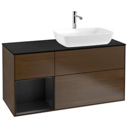 Villeroy & Boch Villeroy und Boch Finion Waschtischunterschrank G802PDGN 120cm, Abdeckplatte black matt, Emotion, Regale Black matt lacquer, Walnut veneer