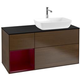 Villeroy & Boch Villeroy und Boch Finion Waschtischunterschrank G802HBGN 120cm, Abdeckplatte black matt, Emotion, Regale Peony matt lacquer, Walnut veneer