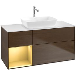 Villeroy & Boch Villeroy und Boch Finion Waschtischunterschrank F821HFGN 120cm, Abdeckplatte white matt, Regale Gold matt lacquer, Walnut veneer