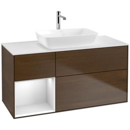 Villeroy & Boch Villeroy und Boch Finion Waschtischunterschrank F821MTGN 120cm, Abdeckplatte white matt, Regale White matt lacquer, Walnut veneer