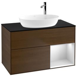 Villeroy & Boch Villeroy und Boch Finion Waschtischunterschrank F902MTGN 100cm, Abdeckplatte black matt, Regale White matt lacquer, Walnut veneer