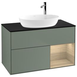 Villeroy & Boch Villeroy und Boch Finion Waschtischunterschrank F902PCGM 100cm, Abdeckplatte black matt, Regale Oak Veneer, Olive Matt Lacquer
