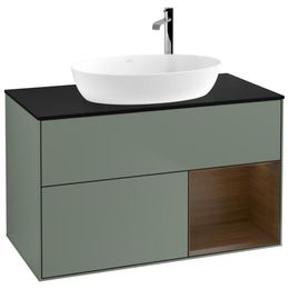 Villeroy & Boch Villeroy und Boch Finion Waschtischunterschrank G902GNGM 100cm, Abdeckplatte black matt, Emotion, Regale Walnut Veneer, Olive Matt Lacquer