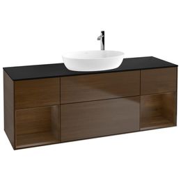 Villeroy & Boch Villeroy und Boch Finion Waschtischunterschrank F982GNGN 160cm, Abdeckplatte black matt, Regale Walnut Veneer, Walnut veneer