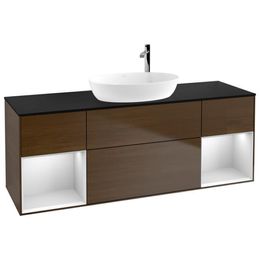 Villeroy & Boch Villeroy und Boch Finion Waschtischunterschrank F982MTGN 160cm, Abdeckplatte black matt, Regale White matt lacquer, Walnut veneer