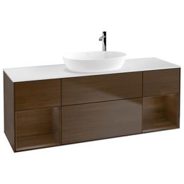 Villeroy & Boch Villeroy und Boch Finion Waschtischunterschrank F981GNGN 160cm, Abdeckplatte white matt, Regale Walnut Veneer, Walnut veneer