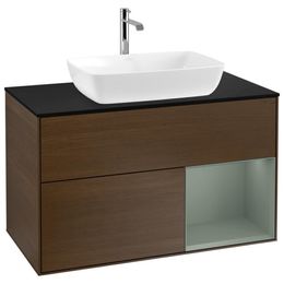 Villeroy & Boch Villeroy und Boch Finion Waschtischunterschrank G782GMGN 100cm, Abdeckplatte black matt, Emotion, Regale Olive matt lacquer, Walnut veneer