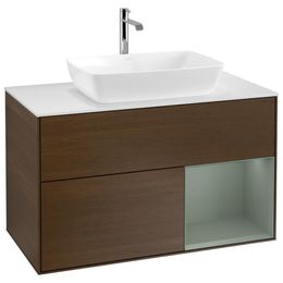 Villeroy & Boch Villeroy und Boch Finion Waschtischunterschrank G781GMGN 100cm, Abdeckplatte white matt, Emotion, Regale Olive matt lacquer, Walnut veneer