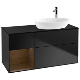 Villeroy & Boch Villeroy und Boch Finion Waschtischunterschrank F922GNPD 120cm, Abdeckplatte black matt, Regale Walnut Veneer, Black matt lacquer