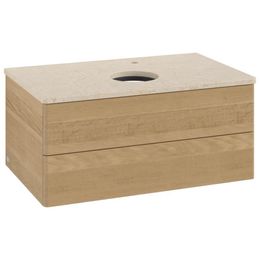 Villeroy & Boch Villeroy und Boch Antao Waschtisch-Unterschrank L19053HN mit Beleuchtung, 80x36x50cm, Hahnloch, Waschbeckenplattenfarbe botticino, honey oak