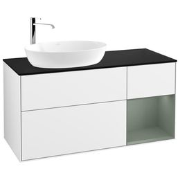 Villeroy & Boch Villeroy und Boch Finion Waschtischunterschrank G932GMGF 120cm, Abdeckplatte black matt, Emotion, Regale Olive matt lacquer, Glossy white lacquer