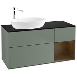 Villeroy & Boch Villeroy und Boch Finion Waschtischunterschrank G932GNGM 120cm, Abdeckplatte black matt, Emotion, Regale Walnut Veneer, Olive Matt Lacquer