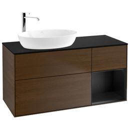 Villeroy & Boch Villeroy und Boch Finion Waschtischunterschrank F932PDGN 120cm, Abdeckplatte black matt, Regale Black matt lacquer, Walnut veneer