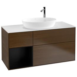 Villeroy & Boch Villeroy und Boch Finion Waschtischunterschrank F941PDGN 120cm, Abdeckplatte white matt, Regale Black matt lacquer, Walnut veneer