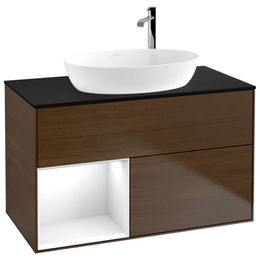 Villeroy & Boch Villeroy und Boch Finion Waschtischunterschrank F892GFGN 100cm, Abdeckplatte black matt, Regale Glossy white lacquer, Walnut veneer