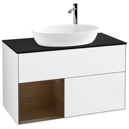 Villeroy & Boch Villeroy und Boch Finion Waschtischunterschrank F892GNGF 100cm, Abdeckplatte black matt, Regale Walnut Veneer, Glossy white lacquer