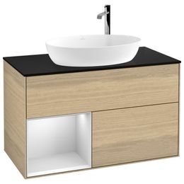 Villeroy & Boch Villeroy und Boch Finion Waschtischunterschrank G892MTPC 100cm, Abdeckplatte black matt, Emotion, Regale White matt lacquer, Oak Veneer