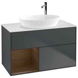 Villeroy & Boch Villeroy und Boch Finion Waschtischunterschrank F891GNHG 100cm, Abdeckplatte white matt, Regale Walnut Veneer, Midnight Blue Matt Lacquer
