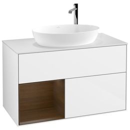Villeroy & Boch Villeroy und Boch Finion Waschtischunterschrank F891GNGF 100cm, Abdeckplatte white matt, Regale Walnut Veneer, Glossy white lacquer