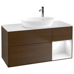 Villeroy & Boch Villeroy und Boch Finion Waschtischunterschrank F951GFGN 120cm, Abdeckplatte white matt, Regale Glossy white lacquer, Walnut veneer