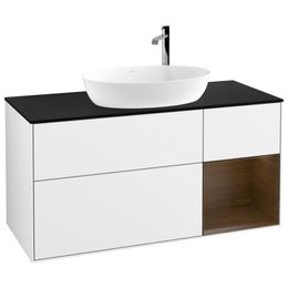 Villeroy & Boch Villeroy und Boch Finion Waschtischunterschrank F952GNGF 120cm, Abdeckplatte black matt, Regale Walnut Veneer, Glossy white lacquer