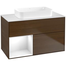 Villeroy & Boch Villeroy und Boch Finion Waschtischunterschrank F651GFGN 100x60,3x50,1cm, Regal links Glossy white lacquer, Walnut veneer