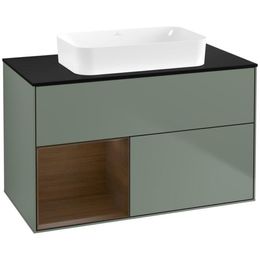 Villeroy & Boch Villeroy und Boch Finion Waschtischunterschrank F652GNGM 100x60,3x50,1cm, Regal links Walnut veneer, Olive Matt Lacquer