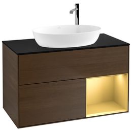 Villeroy & Boch Villeroy und Boch Finion Waschtischunterschrank F902HFGN 100cm, Abdeckplatte black matt, Regale Gold matt lacquer, Walnut veneer