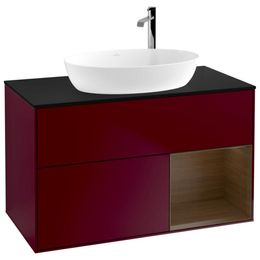 Villeroy & Boch Villeroy und Boch Finion Waschtischunterschrank F902GNHB 100cm, Abdeckplatte black matt, Regale Walnut Veneer, Peony Matt