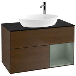 Villeroy & Boch Villeroy und Boch Finion Waschtischunterschrank F902GMGN 100cm, Abdeckplatte black matt, Regale Olive matt lacquer, Walnut veneer