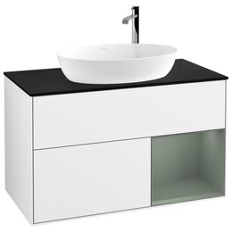 Villeroy & Boch Villeroy und Boch Finion Waschtischunterschrank F902GMGF 100cm, Abdeckplatte black matt, Regale Olive matt lacquer, Glossy white lacquer