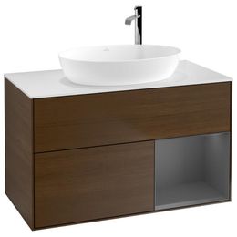 Villeroy & Boch Villeroy und Boch Finion Waschtischunterschrank F901GKGN 100cm, Abdeckplatte white matt, Regale Anthracite matt lacquer, Walnut veneer