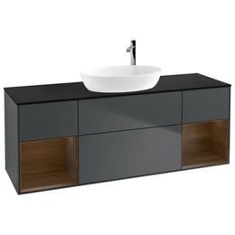 Villeroy & Boch Villeroy und Boch Finion Waschtischunterschrank F982GNHG 160cm, Abdeckplatte black matt, Regale Walnut Veneer, Midnight Blue Matt Lacquer
