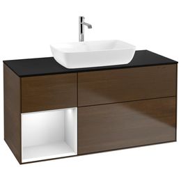 Villeroy & Boch Villeroy und Boch Finion Waschtischunterschrank G822MTGN 120cm, Abdeckplatte black matt, Emotion, Regale White matt lacquer, Walnut veneer