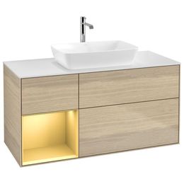 Villeroy & Boch Villeroy und Boch Finion Waschtischunterschrank G821HFPC 120cm, Abdeckplatte white matt, Emotion, Regale Gold matt lacquer, Oak Veneer