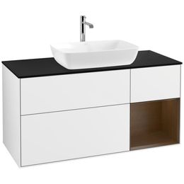 Villeroy & Boch Villeroy und Boch Finion Waschtischunterschrank F832GNGF 120cm, Abdeckplatte black matt, Regale Walnut Veneer, Glossy white lacquer