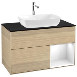Villeroy & Boch Villeroy und Boch Finion Waschtischunterschrank G782GFPC 100cm, Abdeckplatte black matt, Emotion, Regale Glossy white lacquer, Oak Veneer