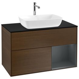 Villeroy & Boch Villeroy und Boch Finion Waschtischunterschrank G782HGGN 100cm, Abdeckplatte black matt, Emotion, Regale Midnight matt lacquer, Walnut veneer
