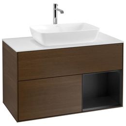 Villeroy & Boch Villeroy und Boch Finion Waschtischunterschrank G781PDGN 100cm, Abdeckplatte white matt, Emotion, Regale Black matt lacquer, Walnut veneer