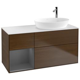 Villeroy & Boch Villeroy und Boch Finion Waschtischunterschrank F921GKGN 120cm, Abdeckplatte white matt, Regale Anthracite matt lacquer, Walnut veneer
