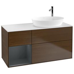 Villeroy & Boch Villeroy und Boch Finion Waschtischunterschrank F921HGGN 120cm, Abdeckplatte white matt, Regale Midnight matt lacquer, Walnut veneer