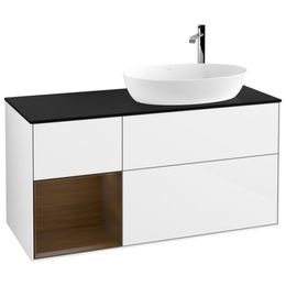 Villeroy & Boch Villeroy und Boch Finion Waschtischunterschrank G922GNGF 120cm, Abdeckplatte black matt, Emotion, Regale Walnut Veneer, Glossy white lacquer