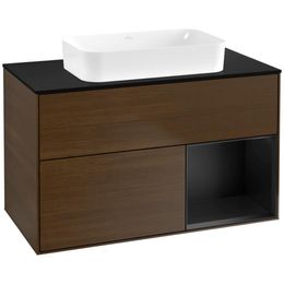 Villeroy & Boch Villeroy und Boch Finion Waschtischunterschrank F662PDGN 100x60,3x50,1cm, Regal rechts Black matt lacquer, Walnut veneer