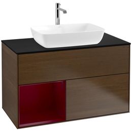 Villeroy & Boch Villeroy und Boch Finion Waschtischunterschrank F772HBGN 100cm, Abdeckplatte black matt, Regale Peony matt lacquer, Walnut veneer